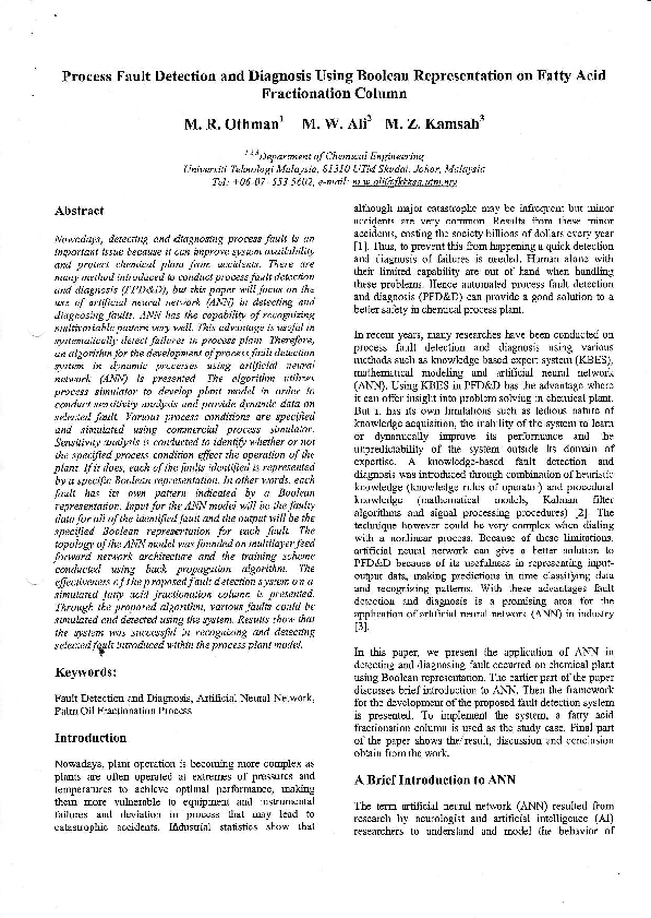Pdf Process Fault Detection And Diagnosis Using Boolean Representation On Fatty Acid
