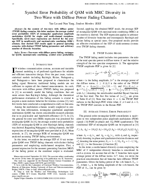 (PDF) Symbol Error Probability of QAM with MRC Diversity in Two-Wave with Diffuse Power Fading ...