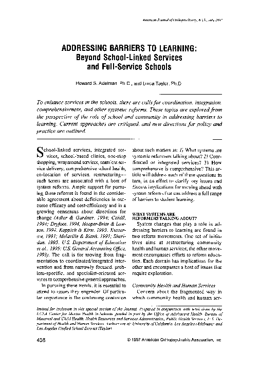 (PDF) ADDRESSING BARRIERS TO LEARNING: Beyond School‐Linked Services ...