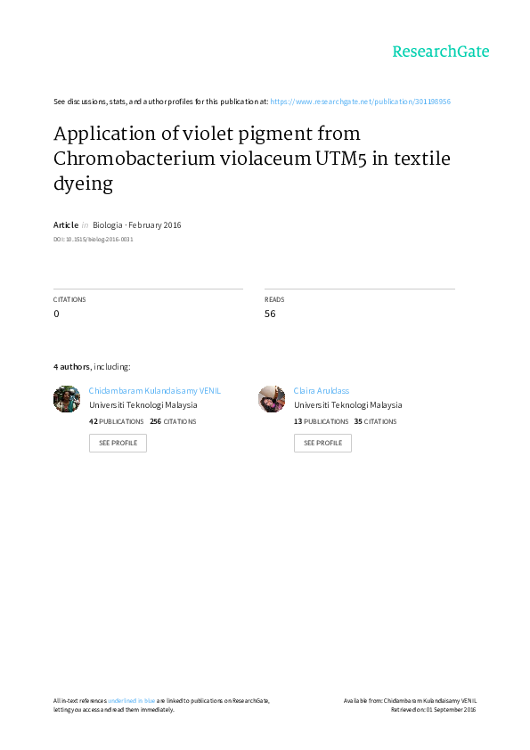 (PDF) Application of violet pigment from Chromobacterium violaceum UTM5 ...