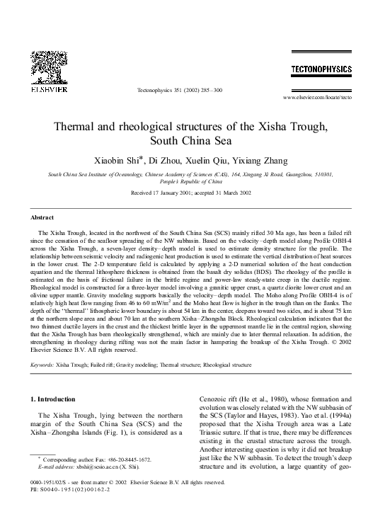 (PDF) Thermal and rheological structures of the Xisha Trough, South ...