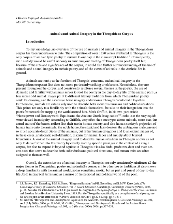 (PDF) Animals and Animal Imagery in the Theognidean Corpus