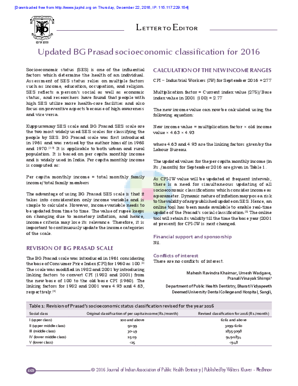 (PDF) Updated BG Prasad socioeconomic classification for 2016