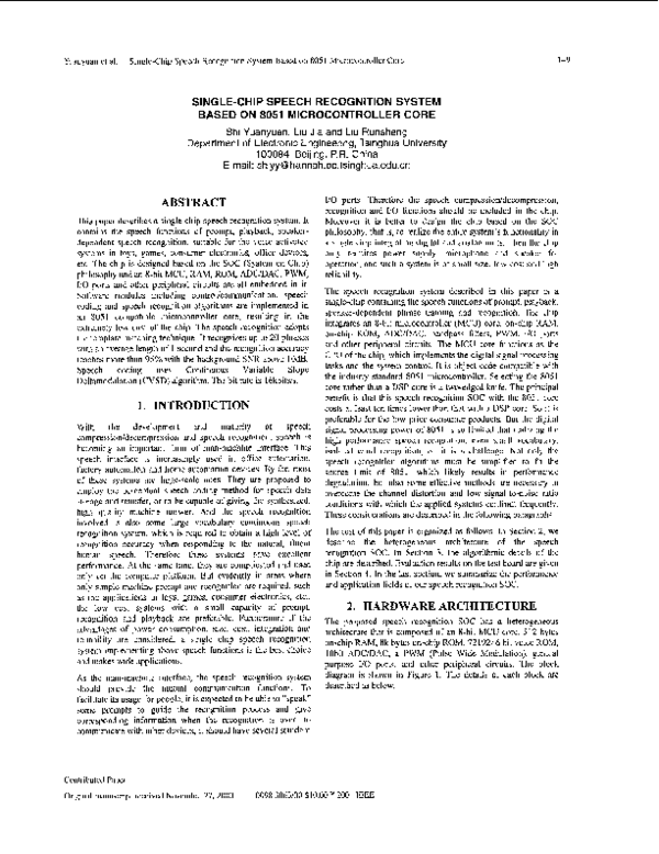(PDF) Single-chip speech recognition system based on 8051 microcontroller core