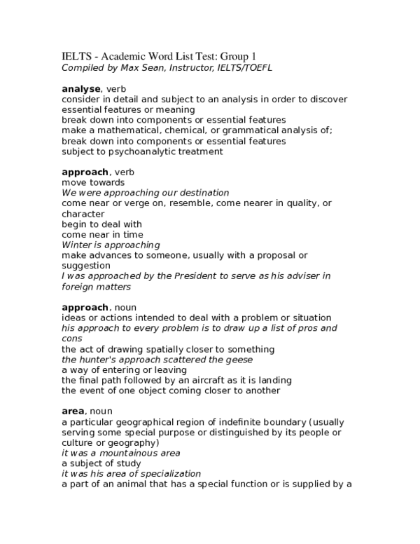 (DOC) IELTS -Academic Word List Test: Group 1, Compiled by Max Sean ...