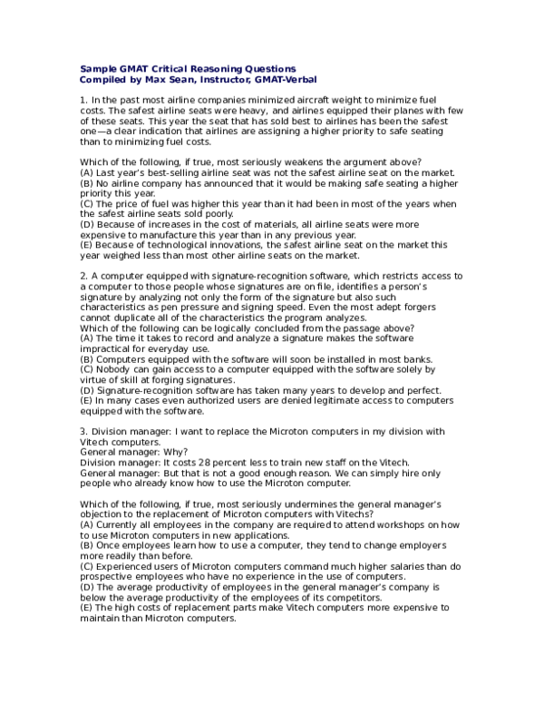 (DOC) Sample GMAT Critical Reasoning Questions Compiled by Max Sean ...