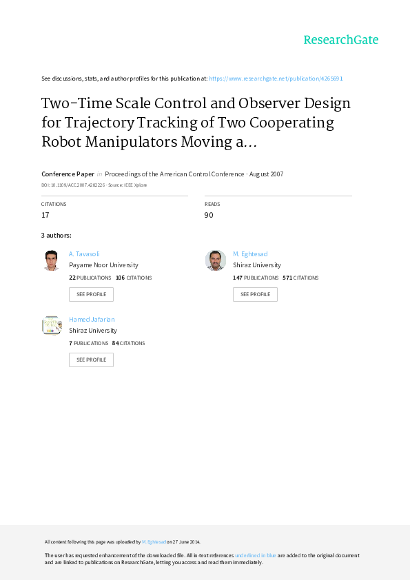 Pdf Two Time Scale Control And Observer Design For Trajectory Tracking Of Two Cooperating
