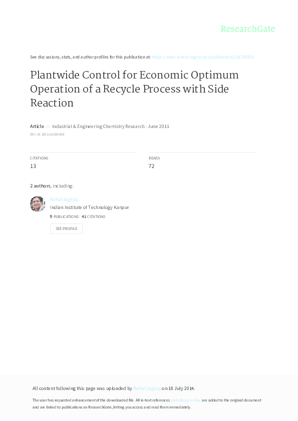 (PDF) Plantwide Control for Economic Optimum Operation of a Recycle Process with Side Reaction
