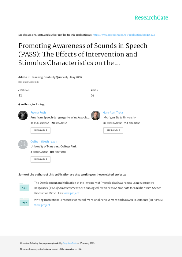 (PDF) Promoting Awareness of Sounds In Speech (PASS): The Effects of ...