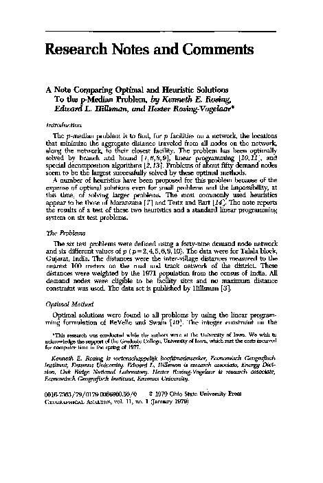 (PDF) A Note Comparing Optimal and Heuristic Solutions To the p‐Median Problem