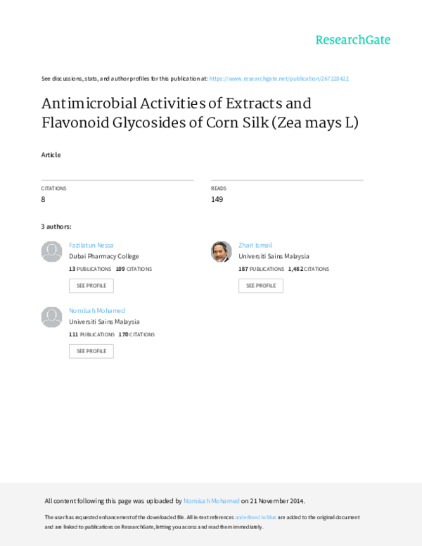 (PDF) Antimicrobial Activities of Extracts and Flavonoid Glycosides of Corn Silk (Zea mays L)