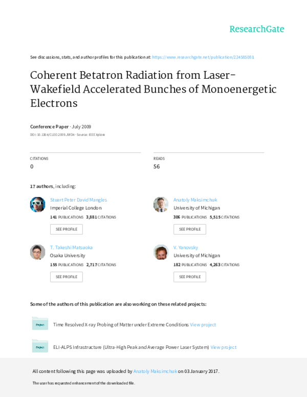 (PDF) Coherent Betatron Radiation From Laser-Wakefield Accelerated Bunches of Monoenergetic ...