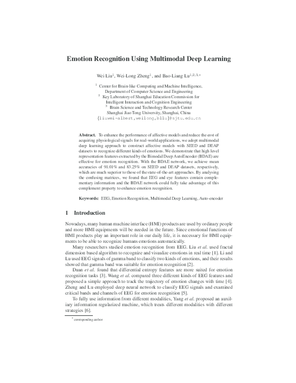 Pdf Emotion Recognition Using Multimodal Deep Learning Wei Liu Wei Long Zheng And B Lu