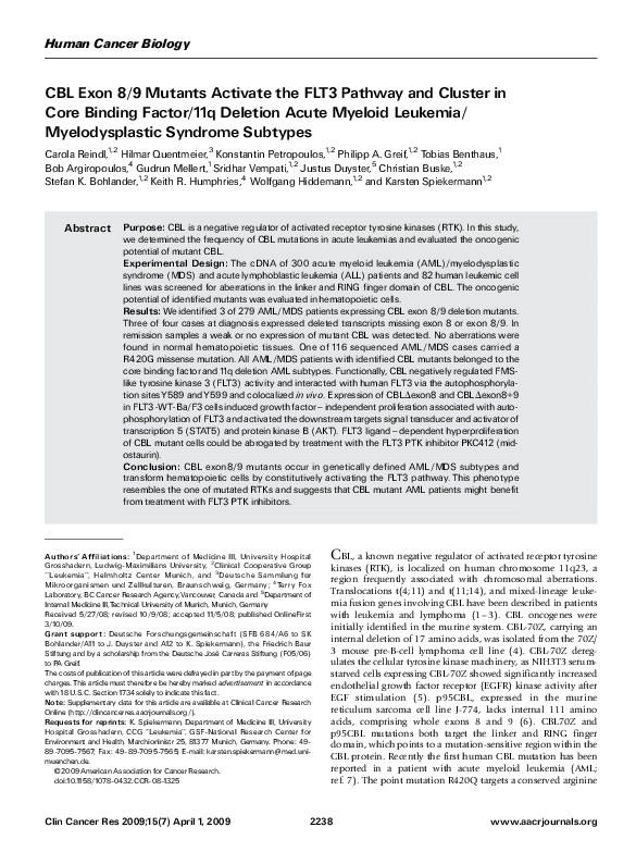 (PDF) CBL exon 8/9 mutants activate the FLT3 pathway and cluster in ...