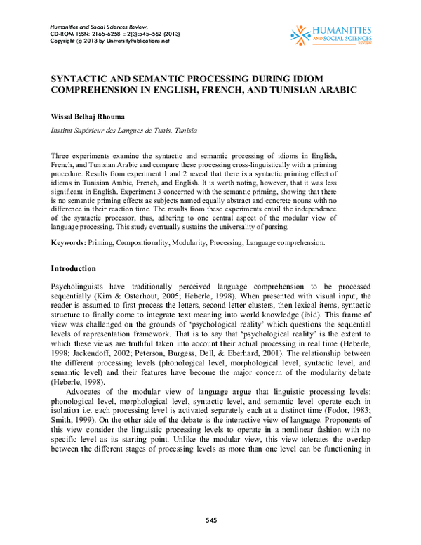 Syntactic And Semantic Processing During Idiom Comprehension In English