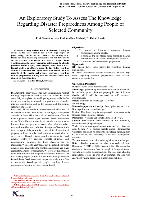 (PDF) An Exploratory Study To Assess The Knowledge Regarding Disaster ...