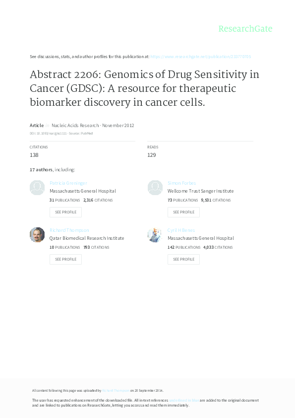 (PDF) Genomics of Drug Sensitivity in Cancer (GDSC): a resource for ...