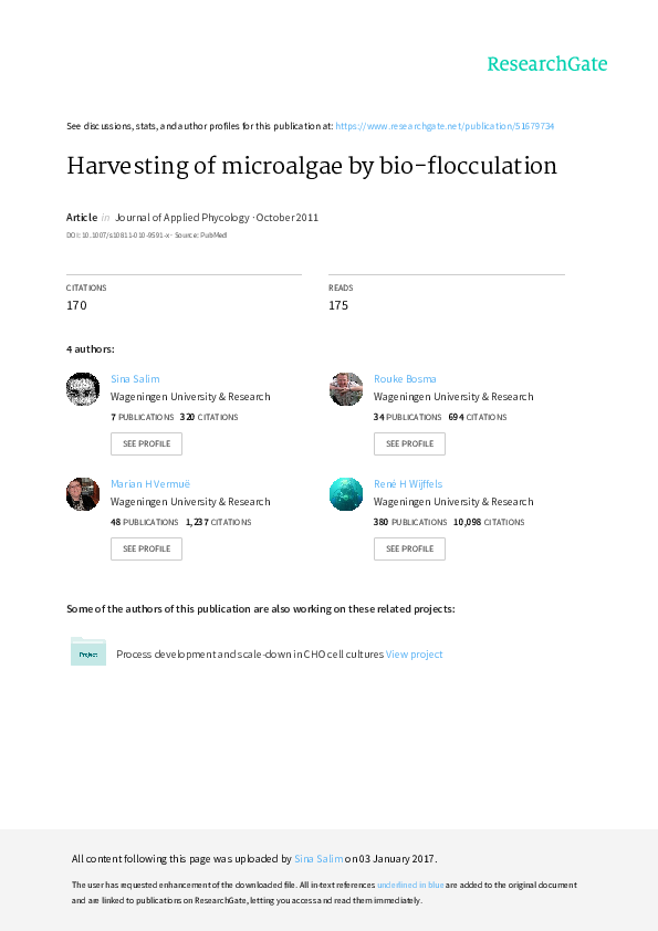 (PDF) Harvesting of microalgae by bio-flocculation