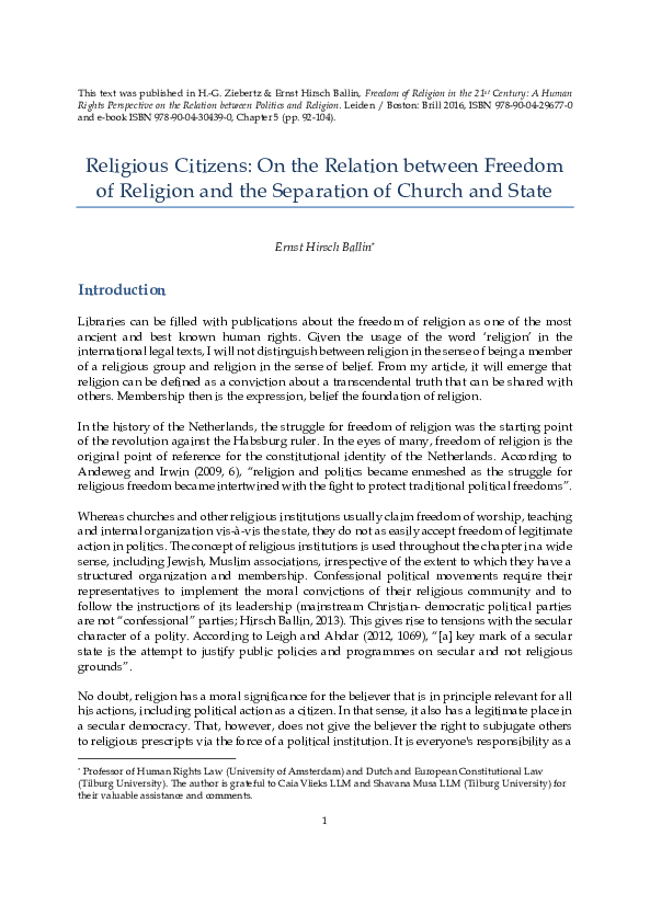 (PDF) Religious Citizens: On the Relation between Freedom of Religion ...