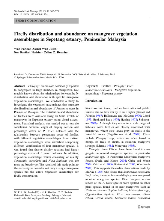 (PDF) Firefly distribution and abundance on mangrove vegetation ...