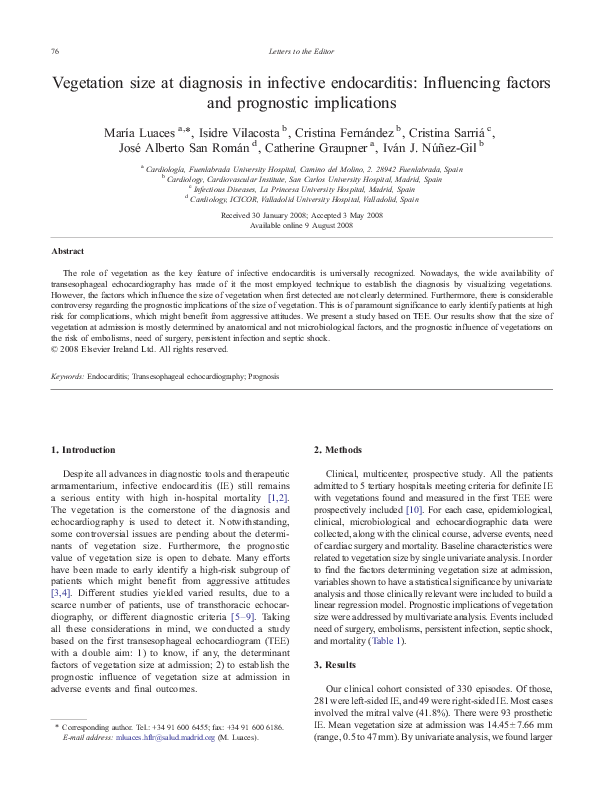 (PDF) Vegetation size at diagnosis in infective endocarditis ...