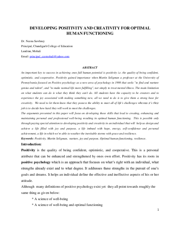 (PDF) Developing Positivity and Creativity for Optimal Human functioning