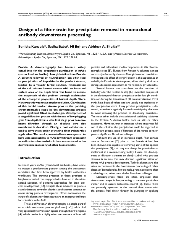 (PDF) Design of a filter train for precipitate removal in monoclonal ...
