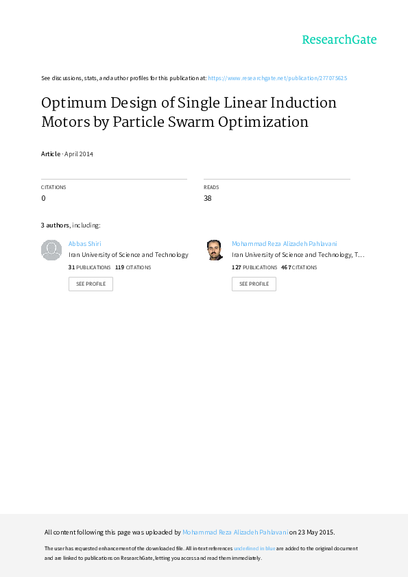 (PDF) Optimum Design of Single Linear Induction Motors by Particle Swarm Optimization
