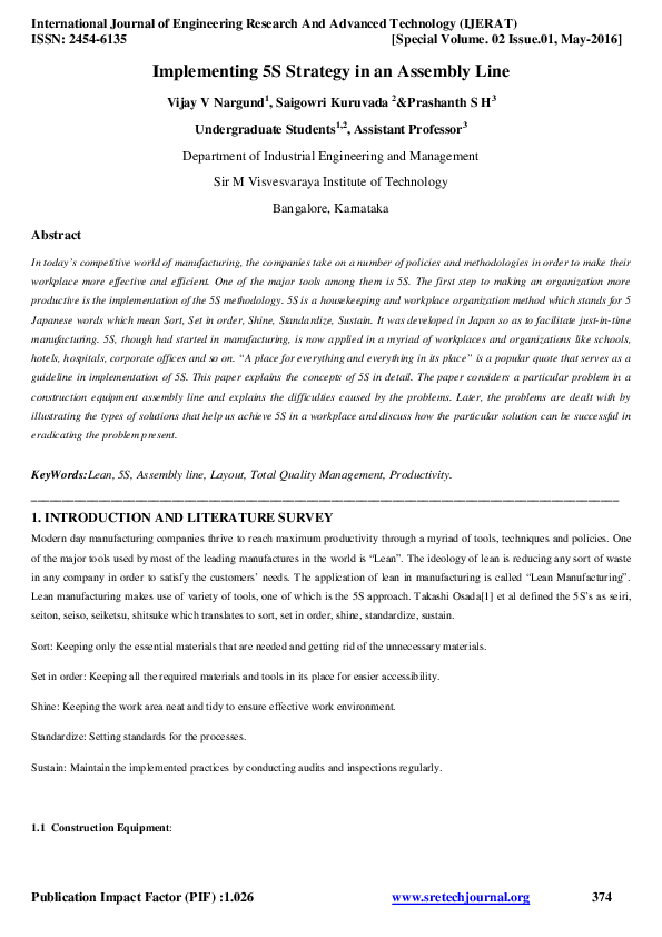 (PDF) Implementing 5S Strategy in an Assembly Line