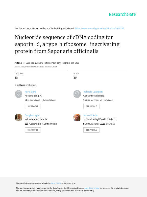 (PDF) Nucleotide sequence of cDNA coding for saporin‐6, a type‐1 ...