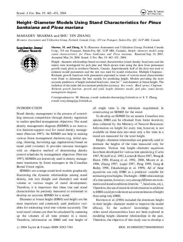 (PDF) Height–Diameter Models Using Stand Characteristics for Pinus banksiana and Picea mariana