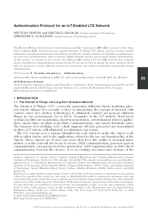 Pdf Authentication Protocol For An Iot Enabled Lte Network Neetesh Saxena And Santiago