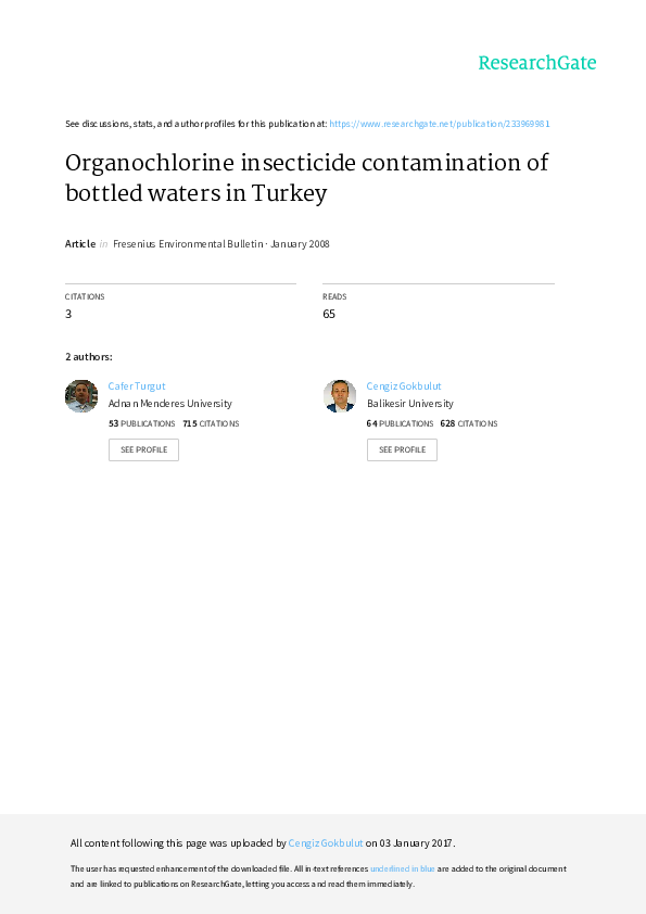 (PDF) Organochlorine insecticide contamination of bottled waters in Turkey