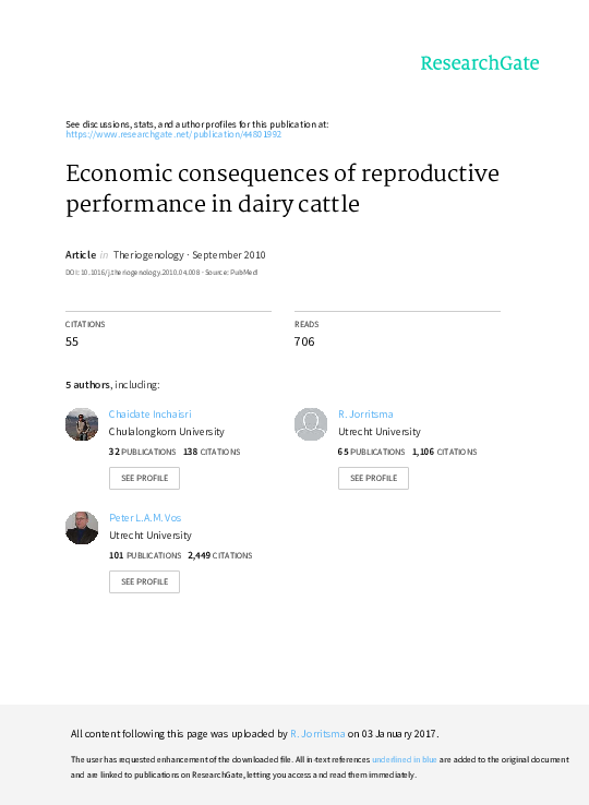 (PDF) Economic consequences of reproductive performance in dairy cattle