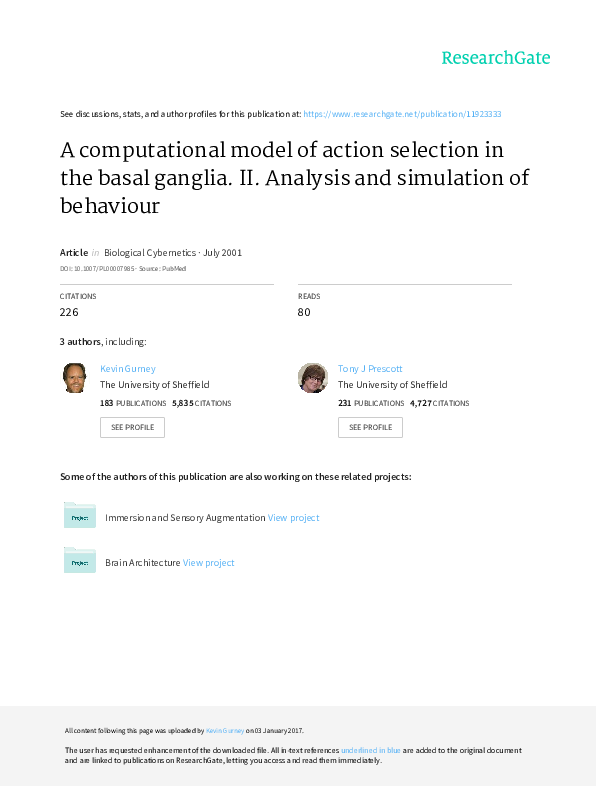 (PDF) A computational model of action selection in the basal ganglia. I. A new functional ...