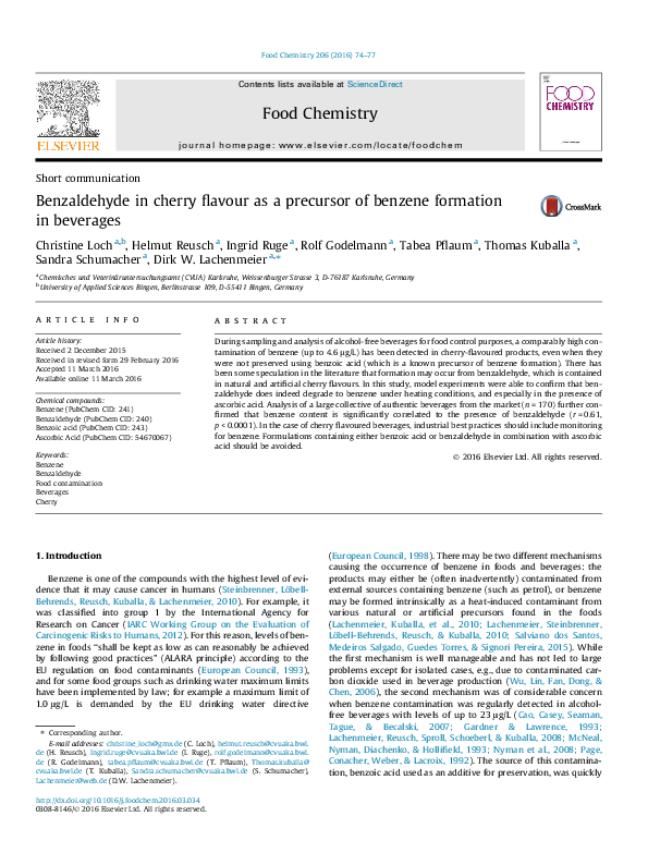 (PDF) Benzaldehyde in cherry flavour as a precursor of benzene ...
