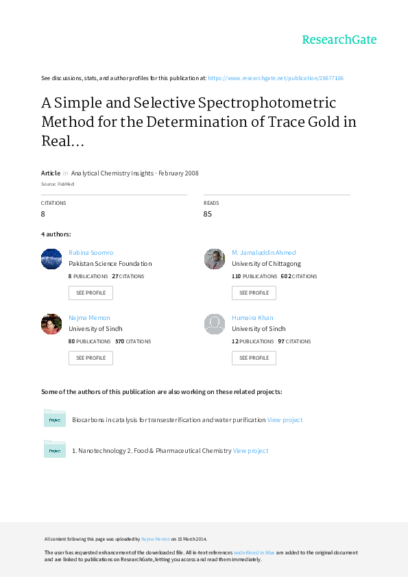 Pdf A Simple And Selective Spectrophotometric Method For The Determination Of Trace Gold In