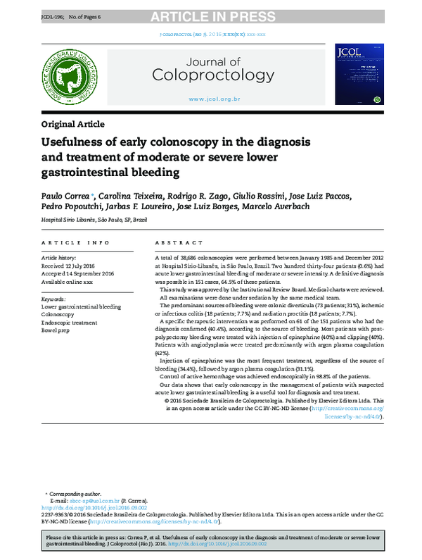 (PDF) Usefulness of early colonoscopy in the diagnosis and treatment of ...