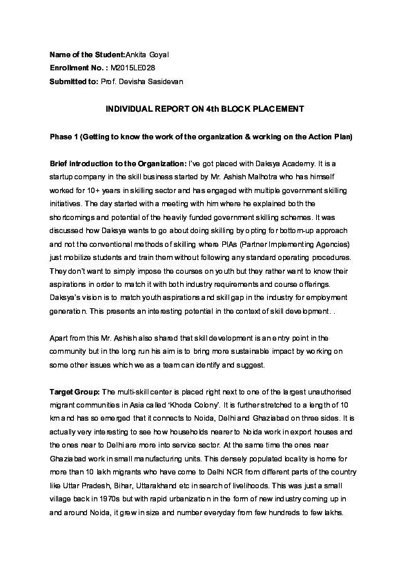 (PDF) INDIVIDUAL REPORT ON 4th BLOCK PLACEMENT Phase 1 (Getting to know ...