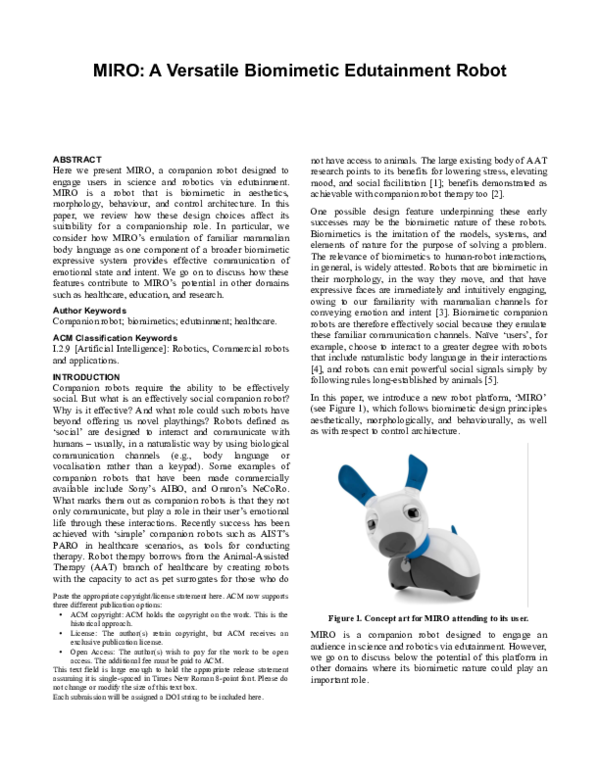 (PDF) MIRO: A Versatile biomimetic edutainment robot
