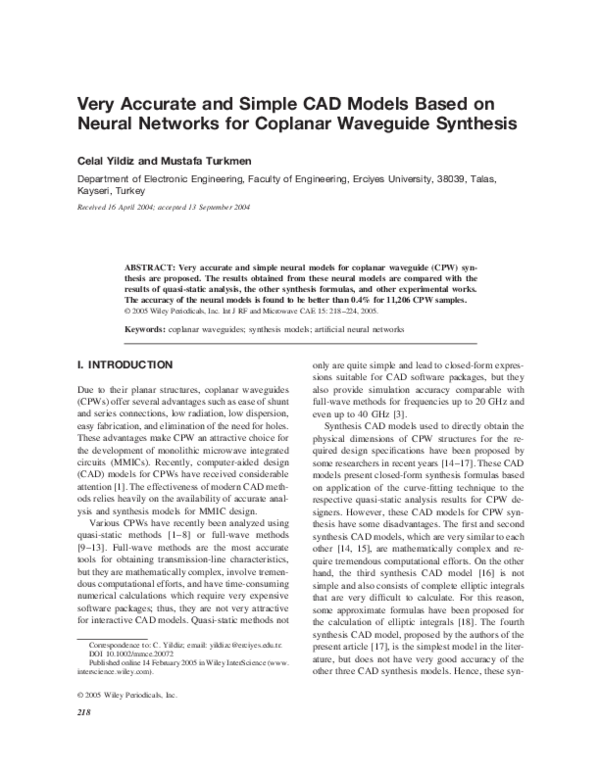 Pdf Very Accurate And Simple Cad Models Based On Neural Networks For Coplanar Waveguide Synthesis