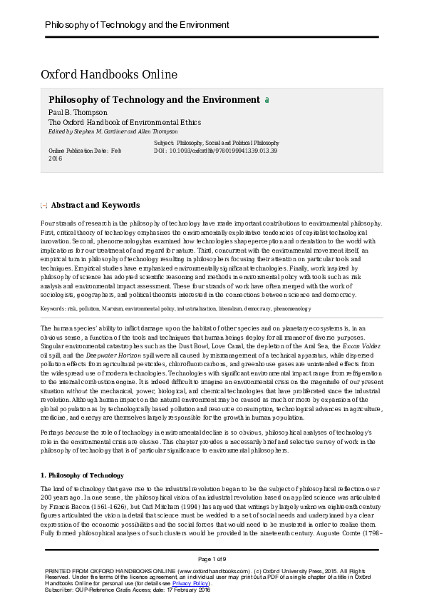 (PDF) Philosophy of Technology and the Environment