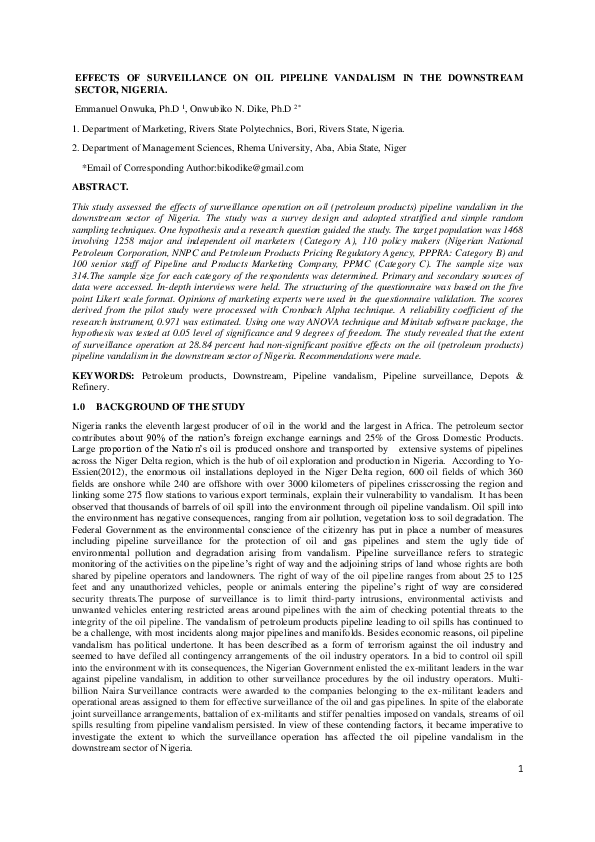 (PDF) EFFECTS OF SURVEILLANCE ON OIL PIPELINE VANDALISM IN THE DOWNSTREAM SECTOR, NIGERIA