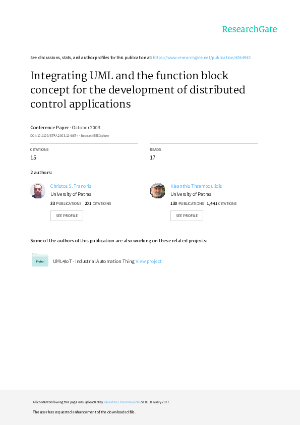 Pdf Integrating Uml And The Function Block Concept For The Development Of Distributed Control