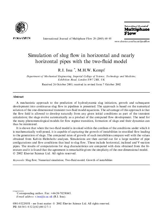 (PDF) Simulation of slug flow in horizontal and nearly horizontal pipes with the two-fluid model