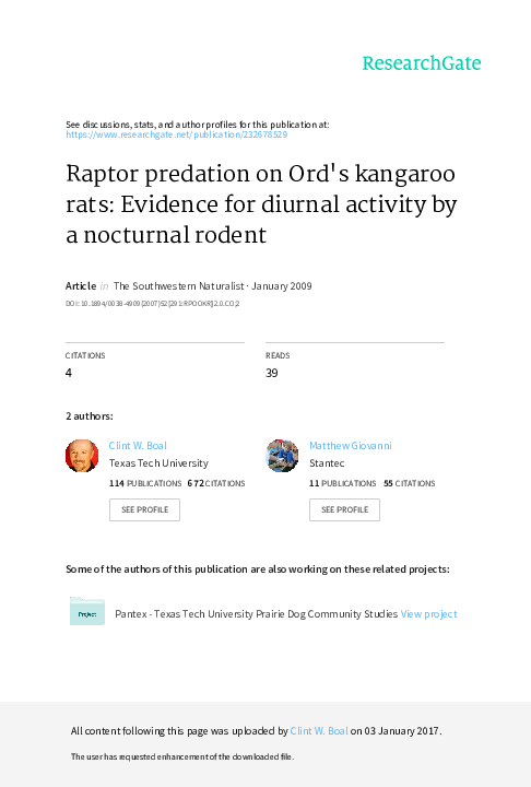 (PDF) Raptor Predation on Ord's Kangaroo Rats: Evidence for Diurnal ...
