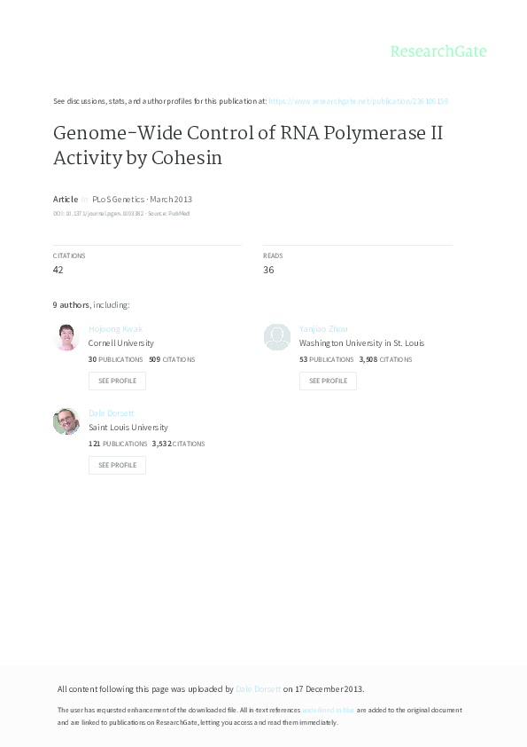(PDF) Genome-Wide Control of RNA Polymerase II Activity by Cohesin