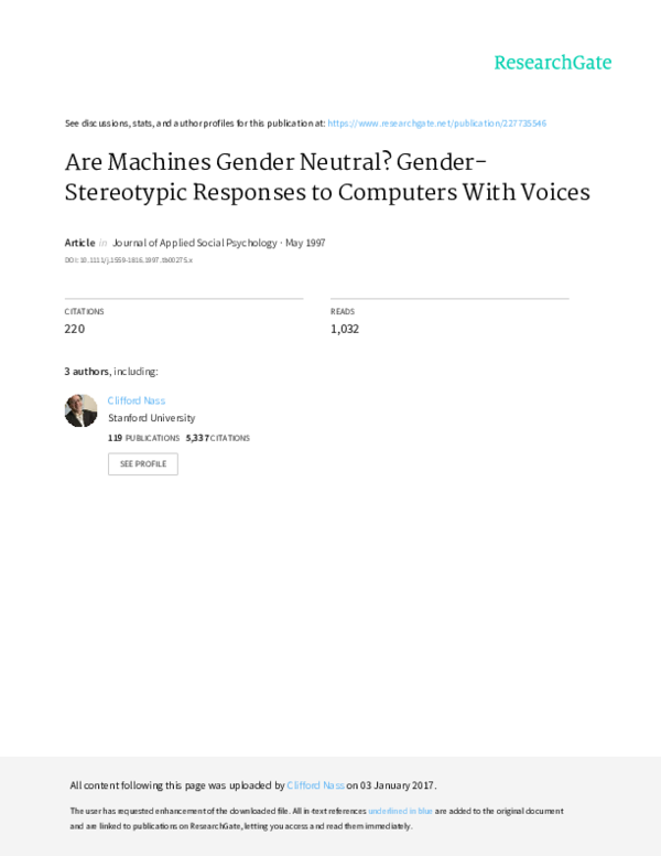 (PDF) Are Machines Gender Neutral? Gender‐Stereotypic Responses to ...