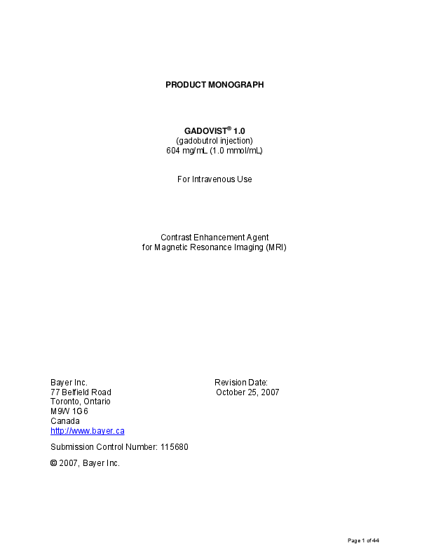 (PDF) PRODUCT MONOGRAPH GADOVIST ® 1.0 (gadobutrol injection) 604 mg/mL ...