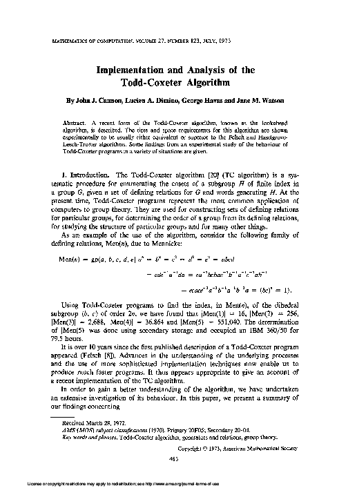 (PDF) Implementation and Analysis of the Todd-Coxeter Algorithm